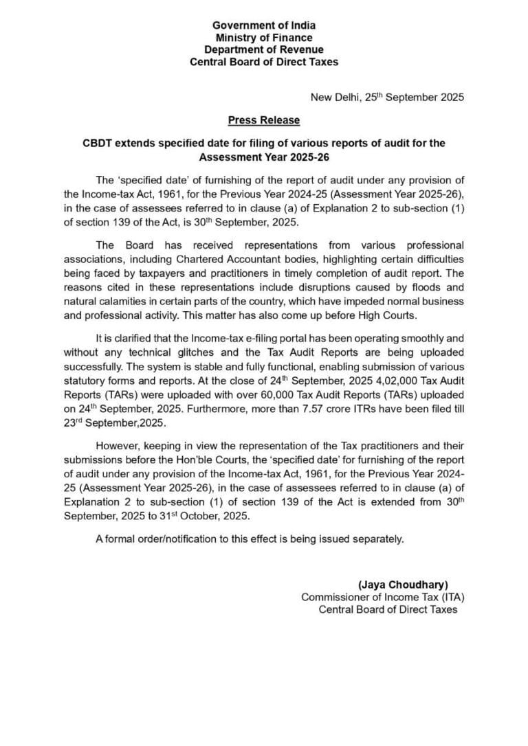 CBDT Extends Due Date for Filing Income Tax Audit Report for FY 2024-25